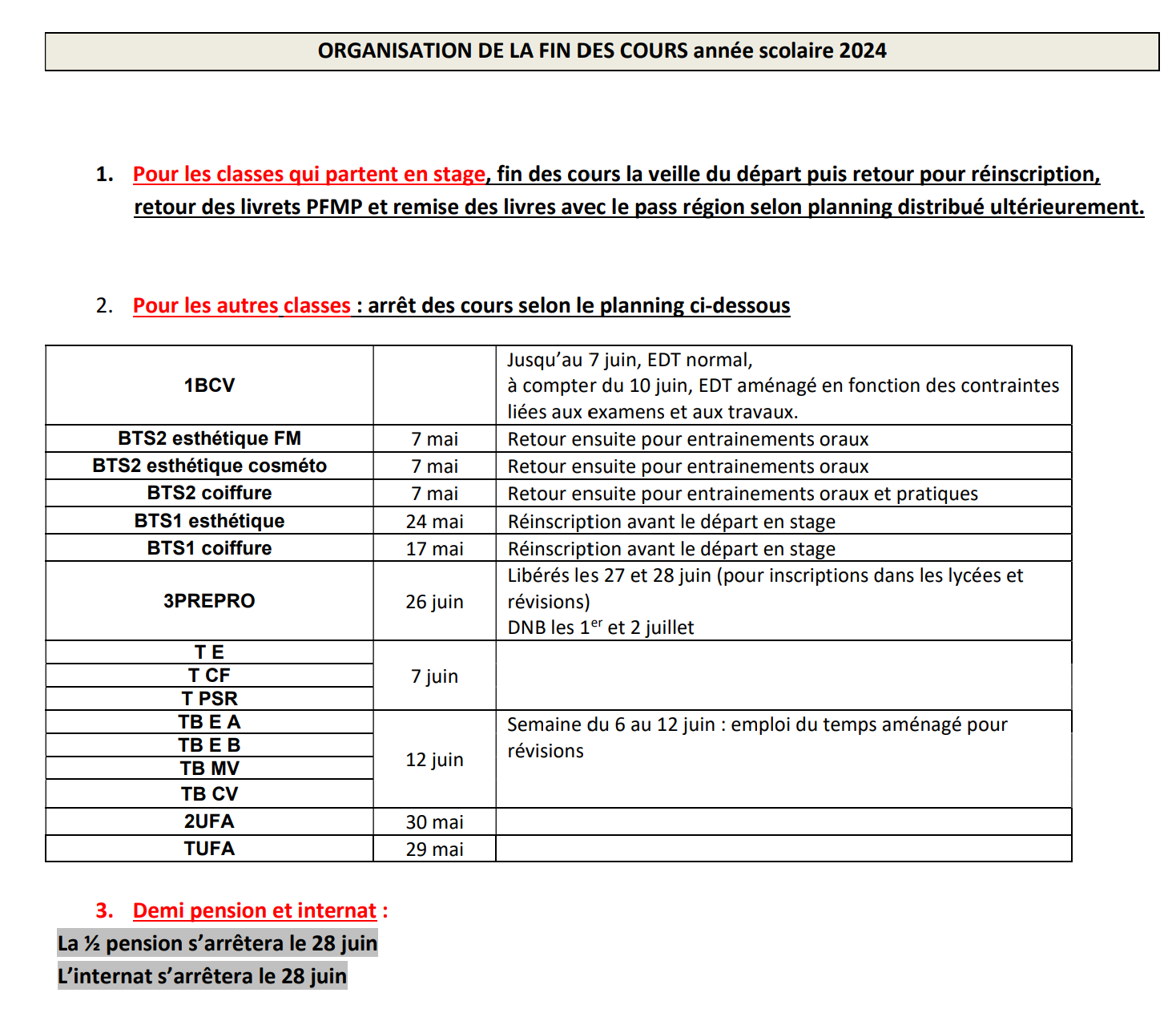 ORGANISATION DE LA FIN DES COURS année scolaire 2023 - 2024 - Actualité ...